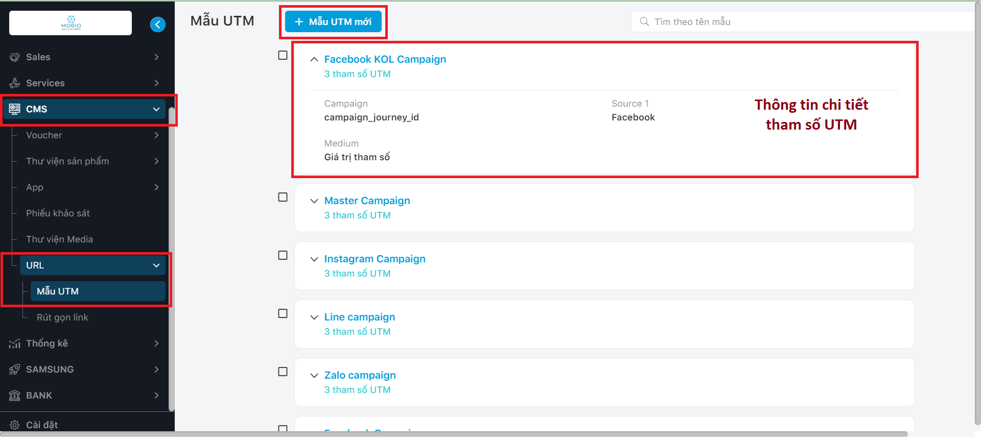 Thêm và sửa mẫu UTM - MOBIO